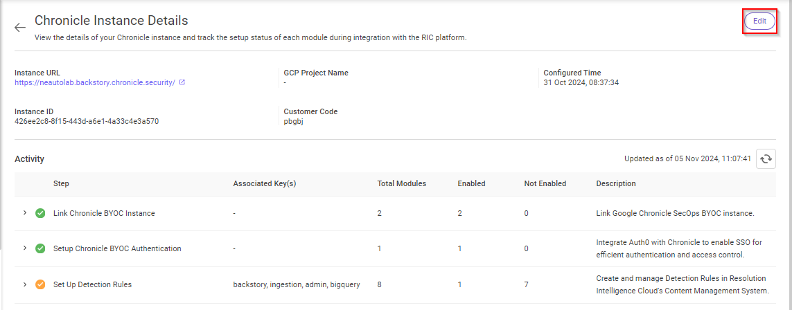 Editing Chronicle SecOps Instance Details – Netenrich